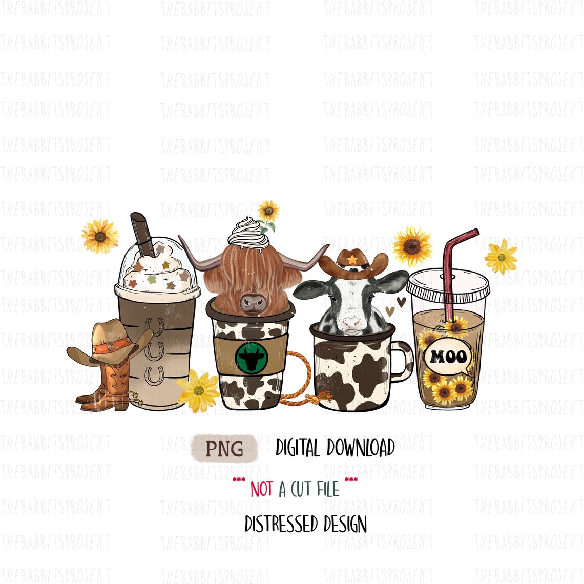Cows and Coffee PNG Sublimation Design Hand Drawn Printable - Etsy