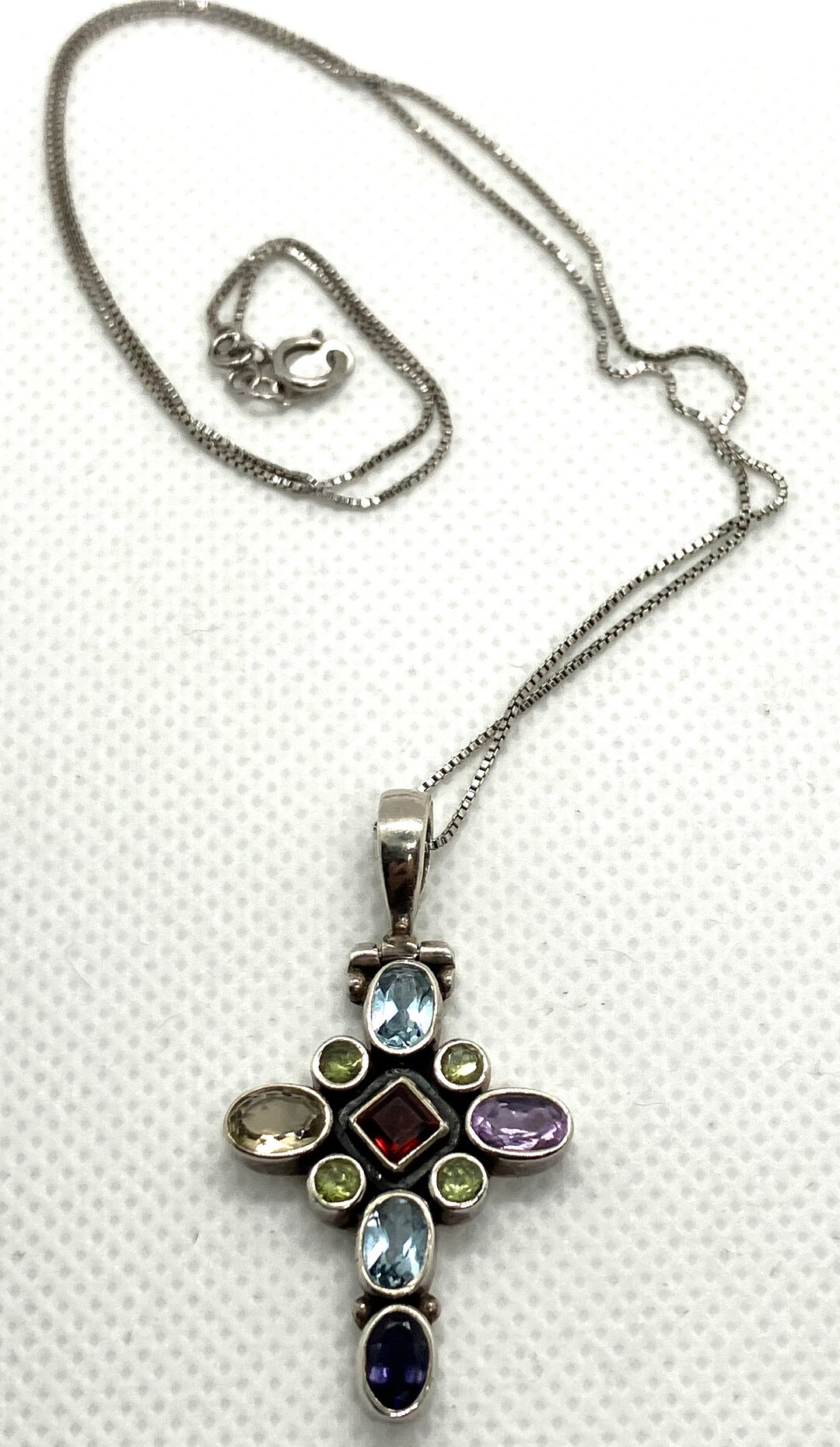 Estate 925 Silver & Multi Gemstone Cross Pendant Necklace - Etsy