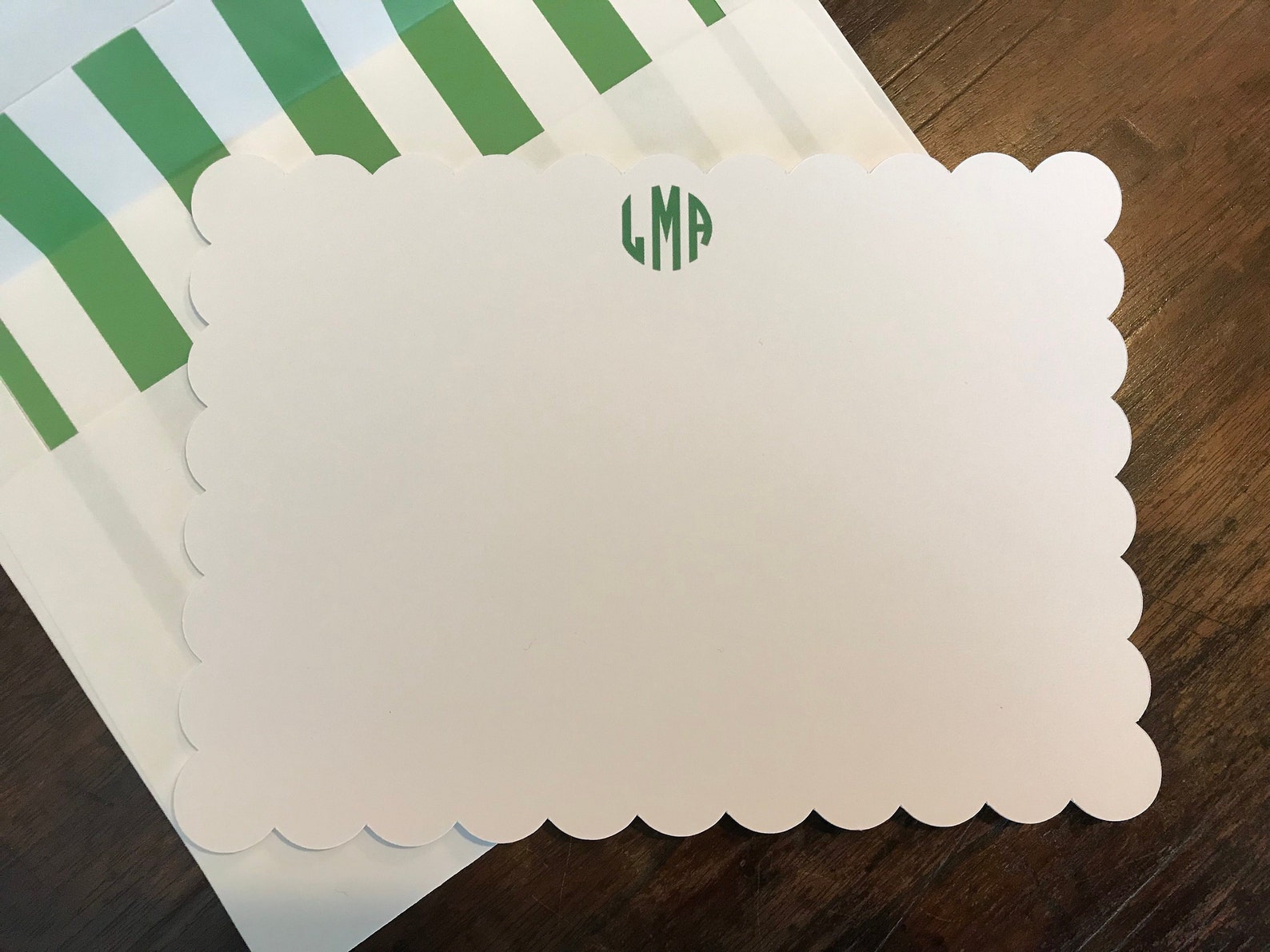 Scalloped Edge Monogram Note Cards Green Cabana Stripe Lined Envelopes ...