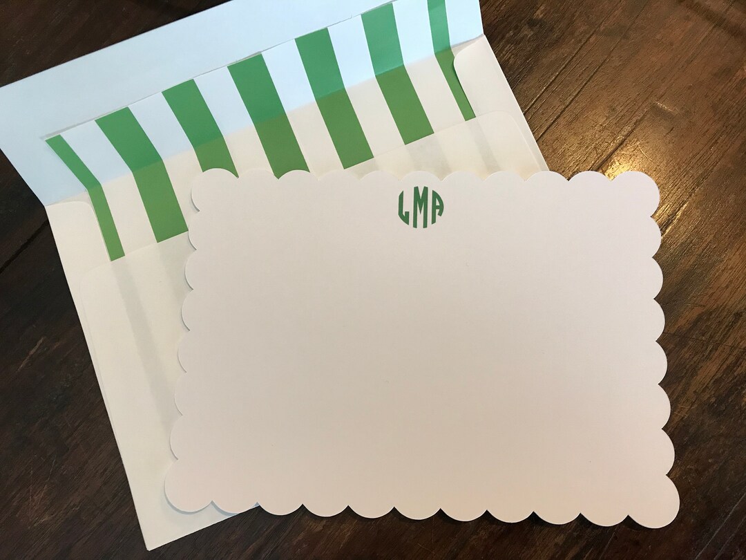 Scalloped Edge Monogram Note Cards Green Cabana Stripe Lined Envelopes ...