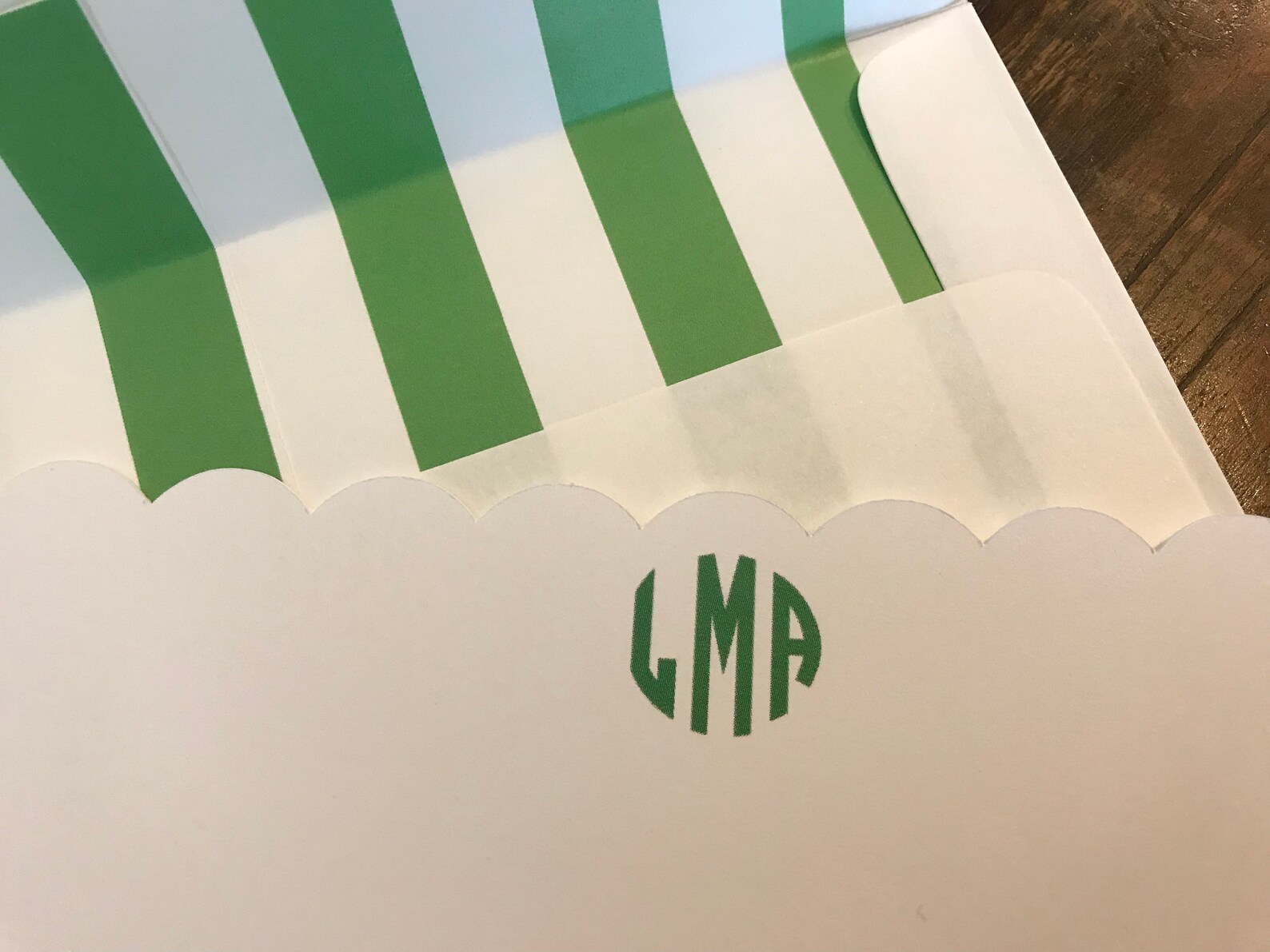 Scalloped Edge Monogram Note Cards Green Cabana Stripe Lined Envelopes ...