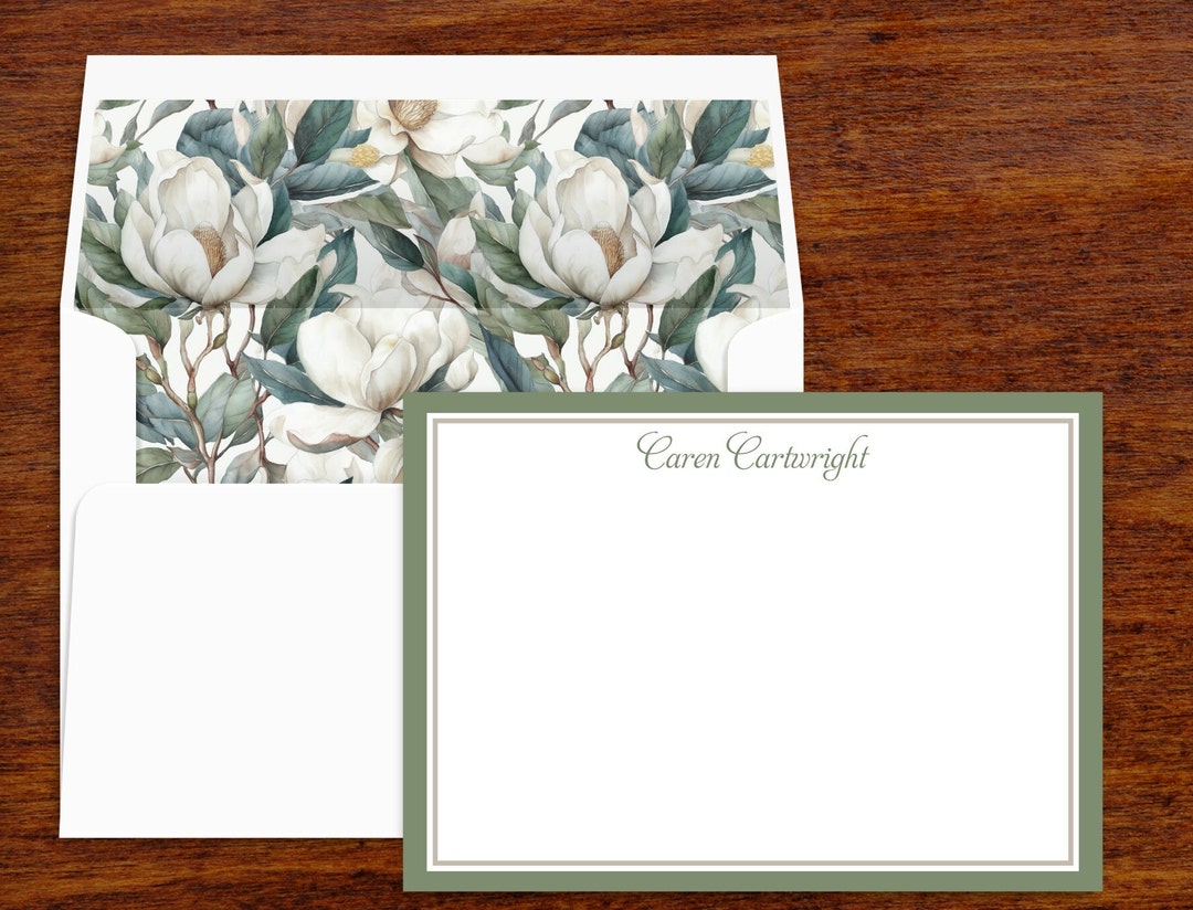 Magnolia Lined Stationery Set | Personalized Note Cards, Return Address ...