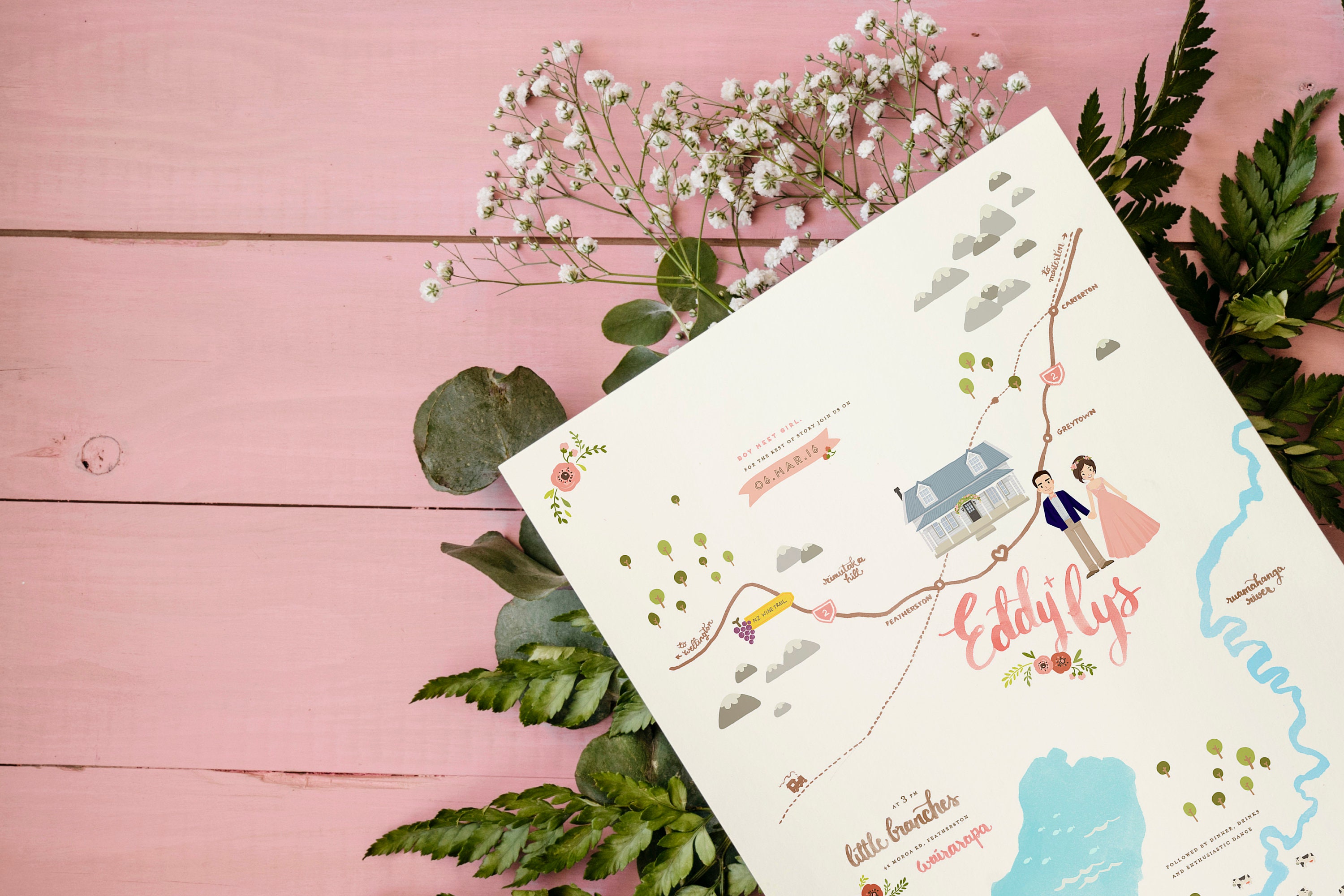 Wedding Map Invitation Custom Watercolor Hand Drawn Lettered Couple ...