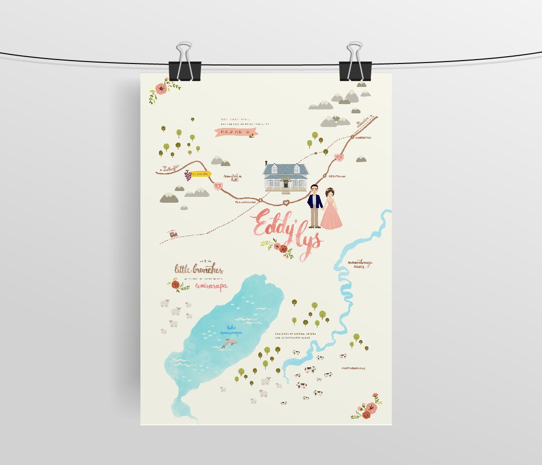 Wedding Map Invitation Custom Watercolor Hand Drawn Lettered Couple ...