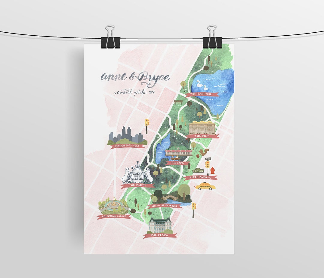 Wedding Map Invitation Custom Watercolor Hand Drawn Lettered Couple ...