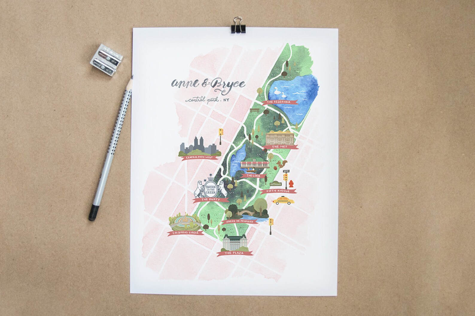 Wedding Map Invitation Custom Watercolor Hand Drawn Lettered Couple ...