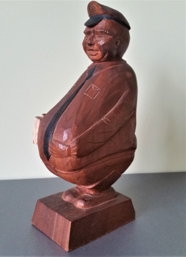 Vintage Solid Wood, Hand Carved Big Belly Mailman/policeman Statue ...