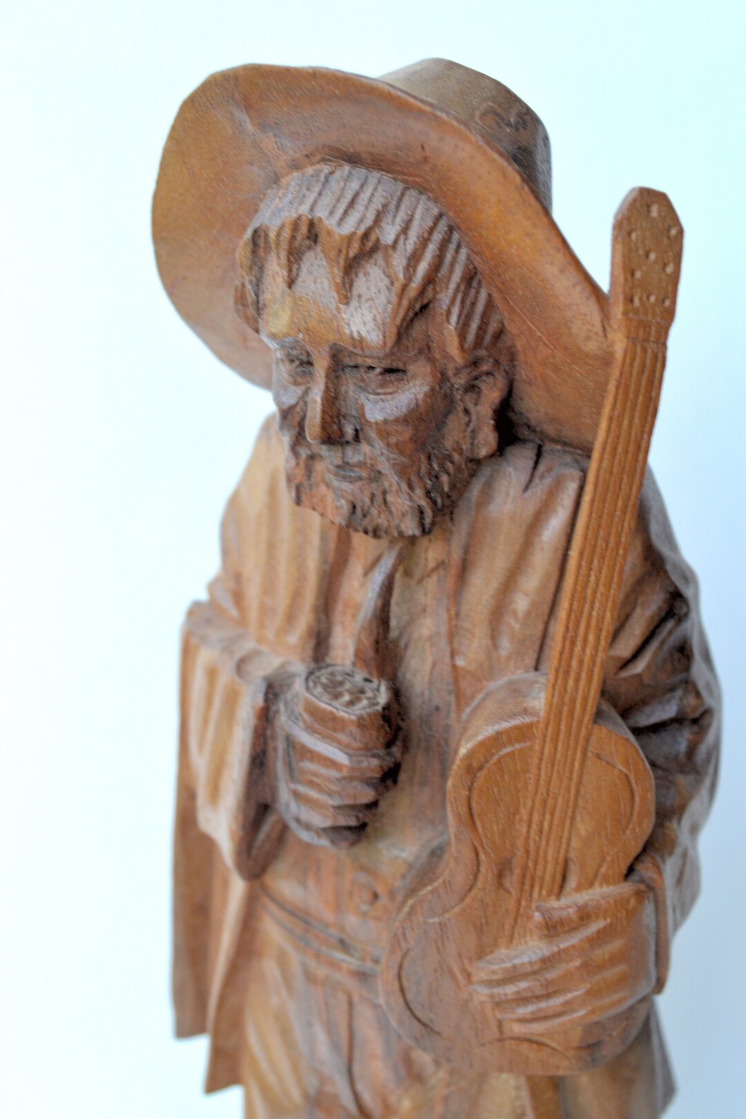 Vintage German Limewood Hand-carved Wooden Man With Poncho Guitar Pipe ...