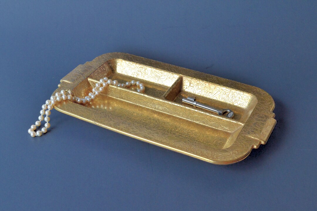 MCM 22k Weeping Gold Plated Divided Glass Tray / Vanity Décor ...