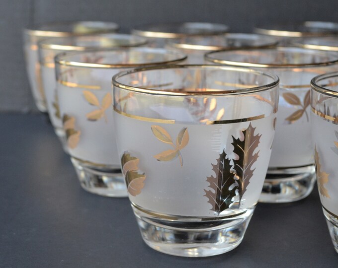 Mid-century Set of 14 Libbey 'golden Foilage' Frosted Gold Leaf Old ...