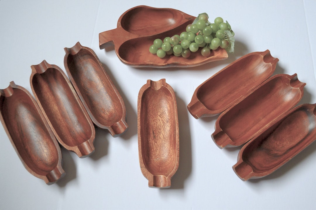 Set of 8 Genuine Monkey Pod Wood Bowl Set - Large Divided Serving Tray ...