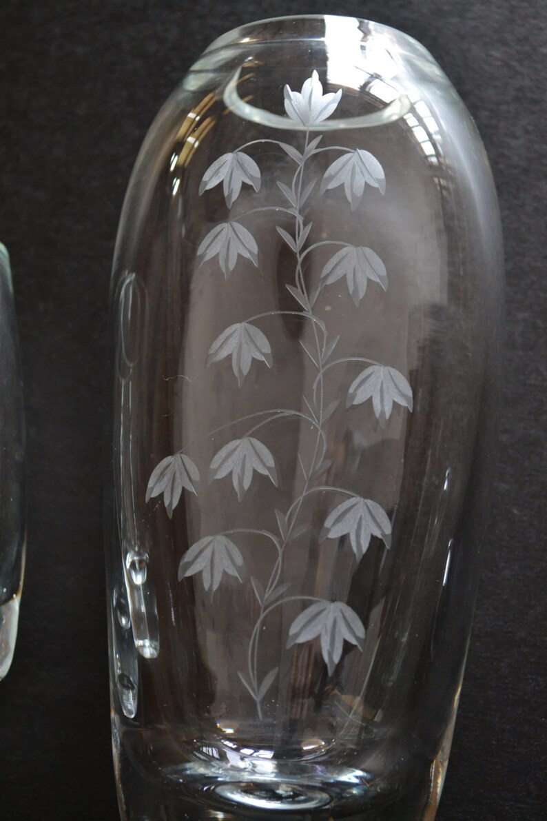 Vintage Set of Three Beautiful, Clear Glass Vases, Etched With Birds ...