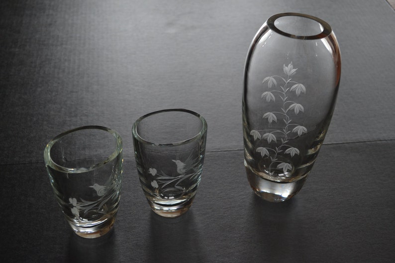 Vintage Set of Three Beautiful, Clear Glass Vases, Etched With Birds ...
