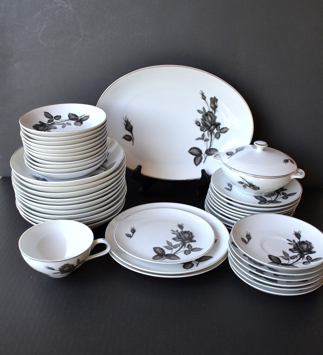 Vintage 43pc Gem China Charcoal Gray Roses & Leaves, Coupe, Porcelain ...