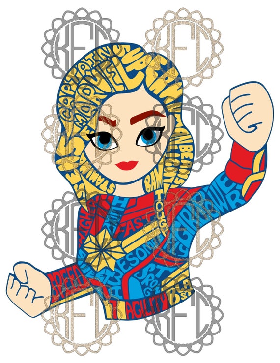 Chibi Captain Marvel Superhero Girl Word Art Black and White - Etsy