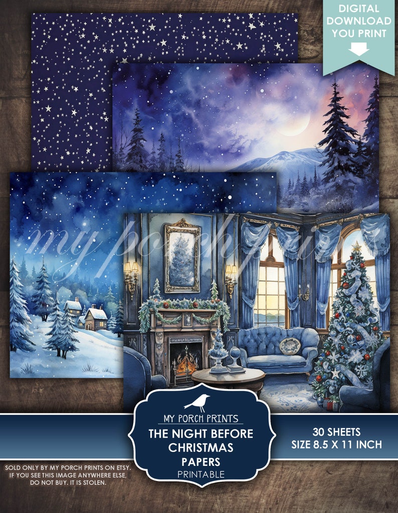 The Night Before Christmas PAPERS, Junk Journal, Star, Snow, Twas, Blue ...