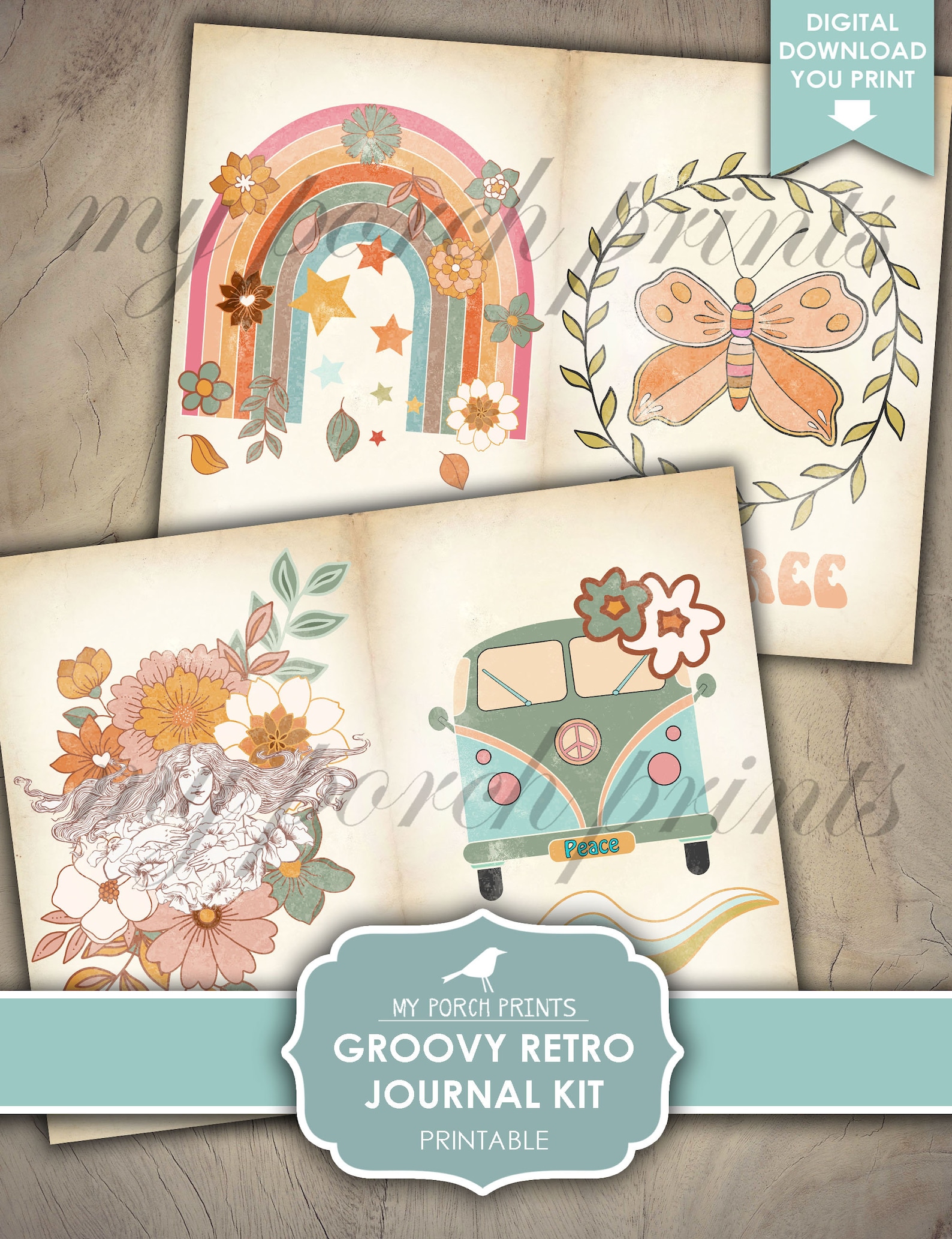 Junk Journal Kit, Groovy, Retro, 60s, 70s, Hippie, Hippy, 1960s, 1970s ...