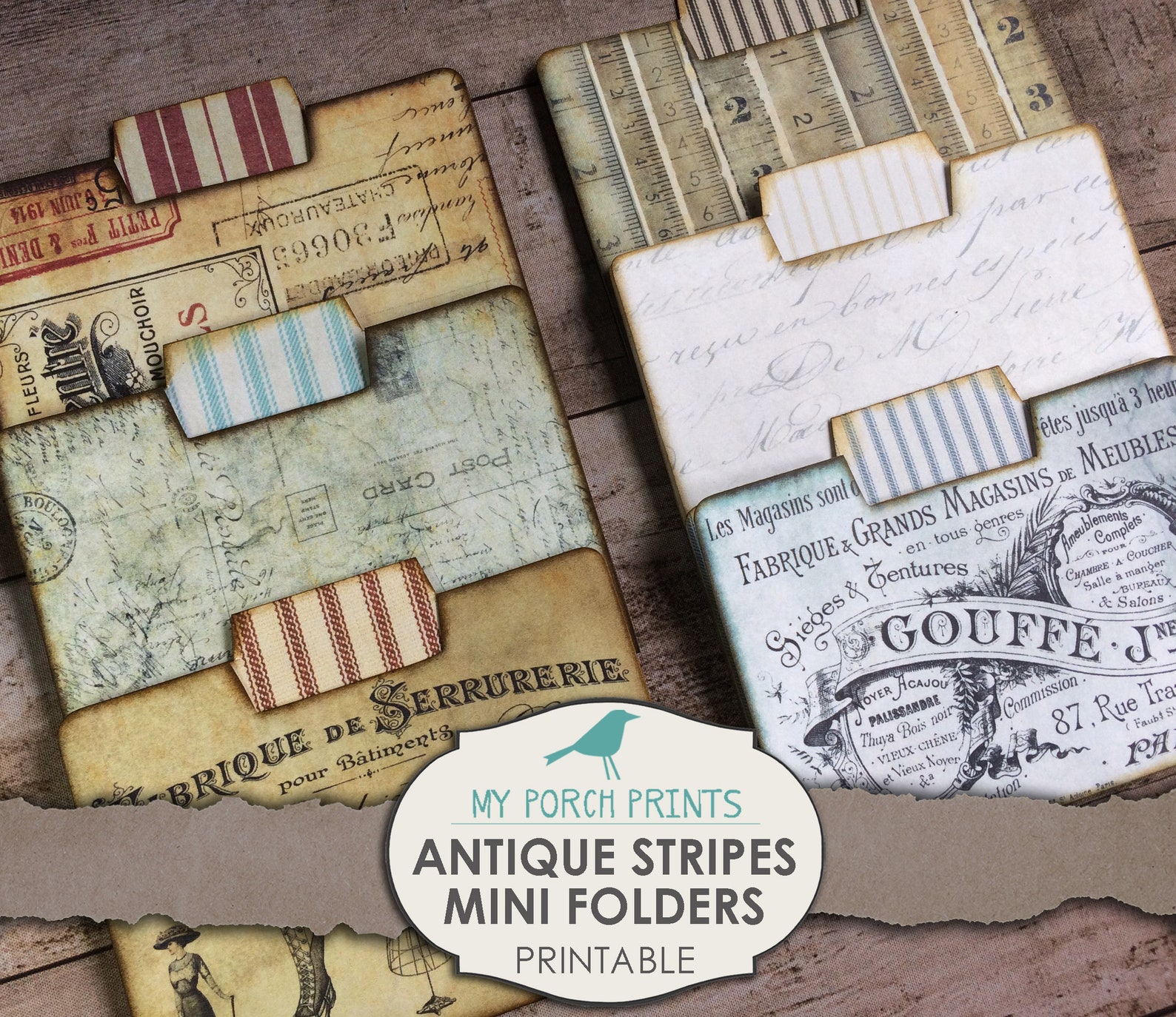 Mini File Folders, Antique, Ticking Stripes, Junk Journal Kit, Ephemera ...