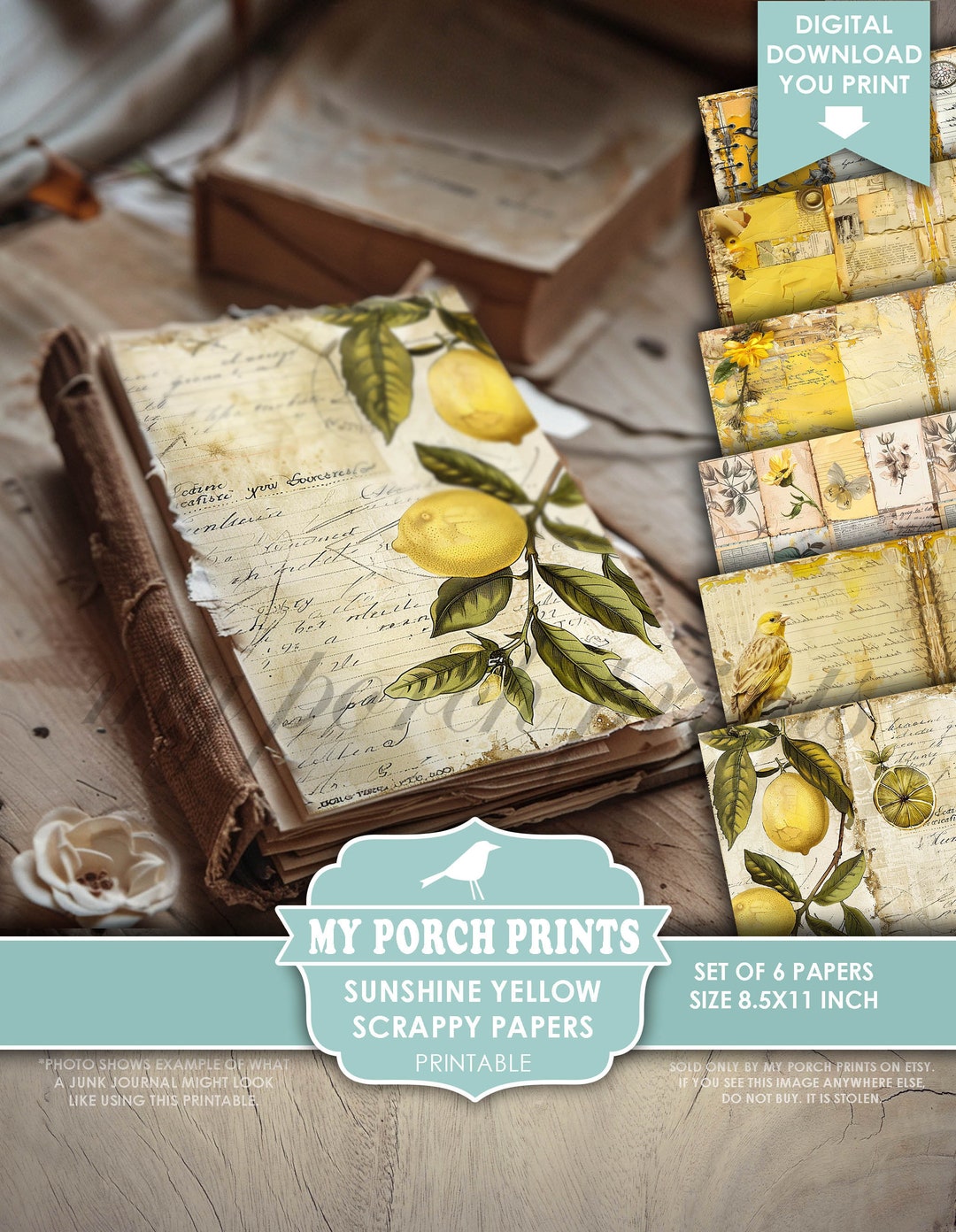 Sunshine Yellow Scrappy Papers, Junk Journal, Pages, Floral, Vintage ...