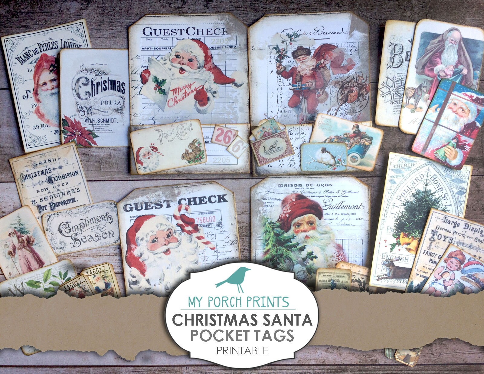 Christmas Santa Shabby Receipt Pocket Tags, Loaded Envelope, Junk ...