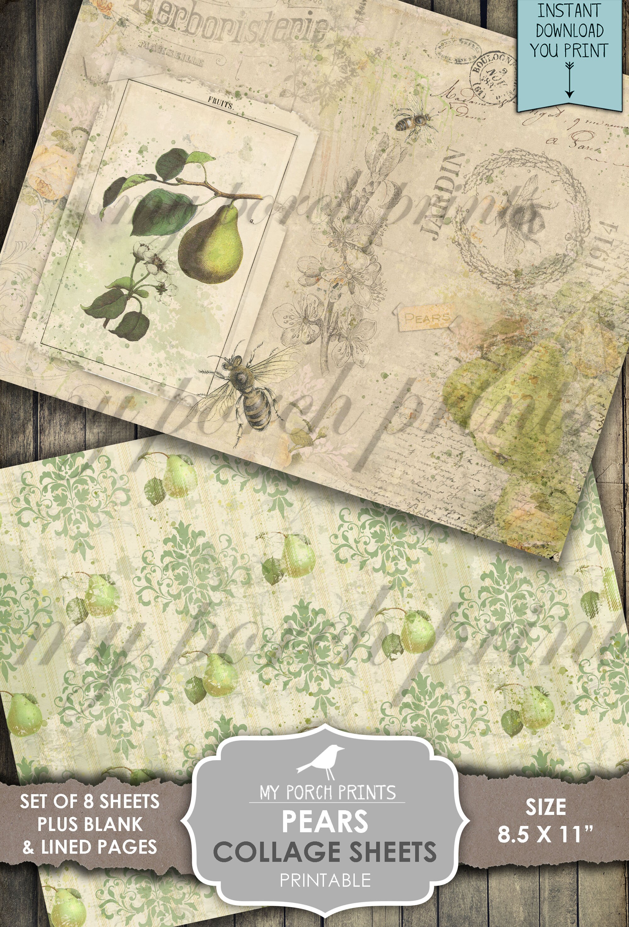 Junk Journal, Pear, Collage Sheets, Printable Paper, Green, Pears ...