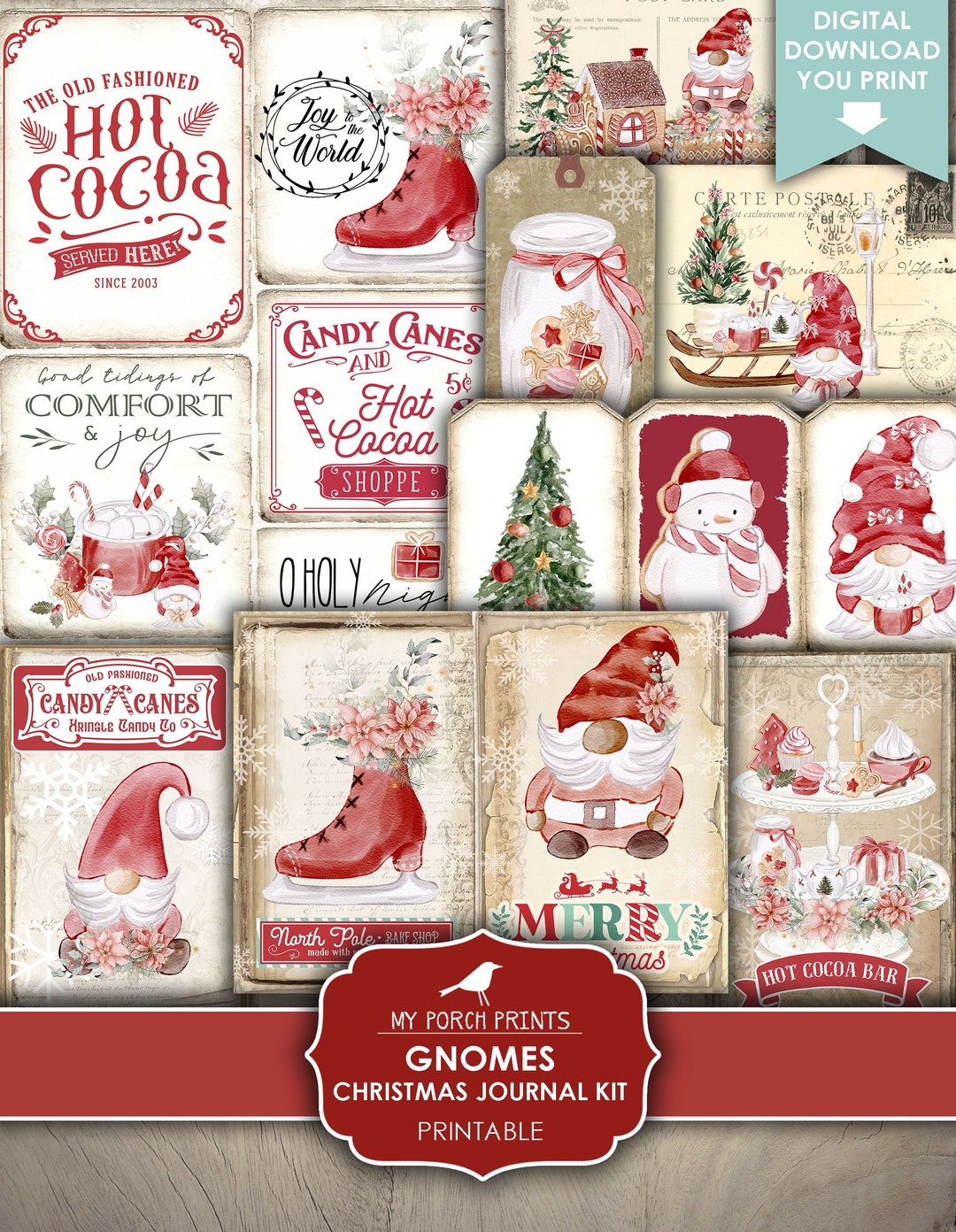 Red Gnomes Christmas Junk Journal Kit, December, Red, Green, Gift ...