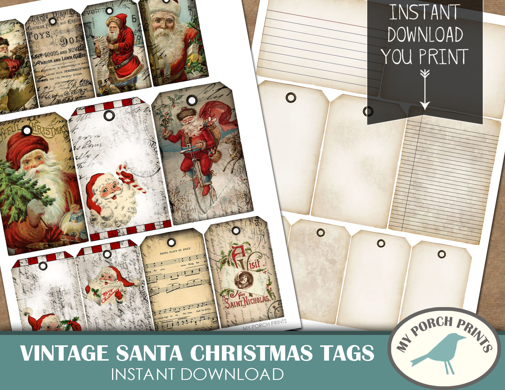 Vintage Santa Christmas Tags, Gift Tag, Scrapbook, Junk Journal ...