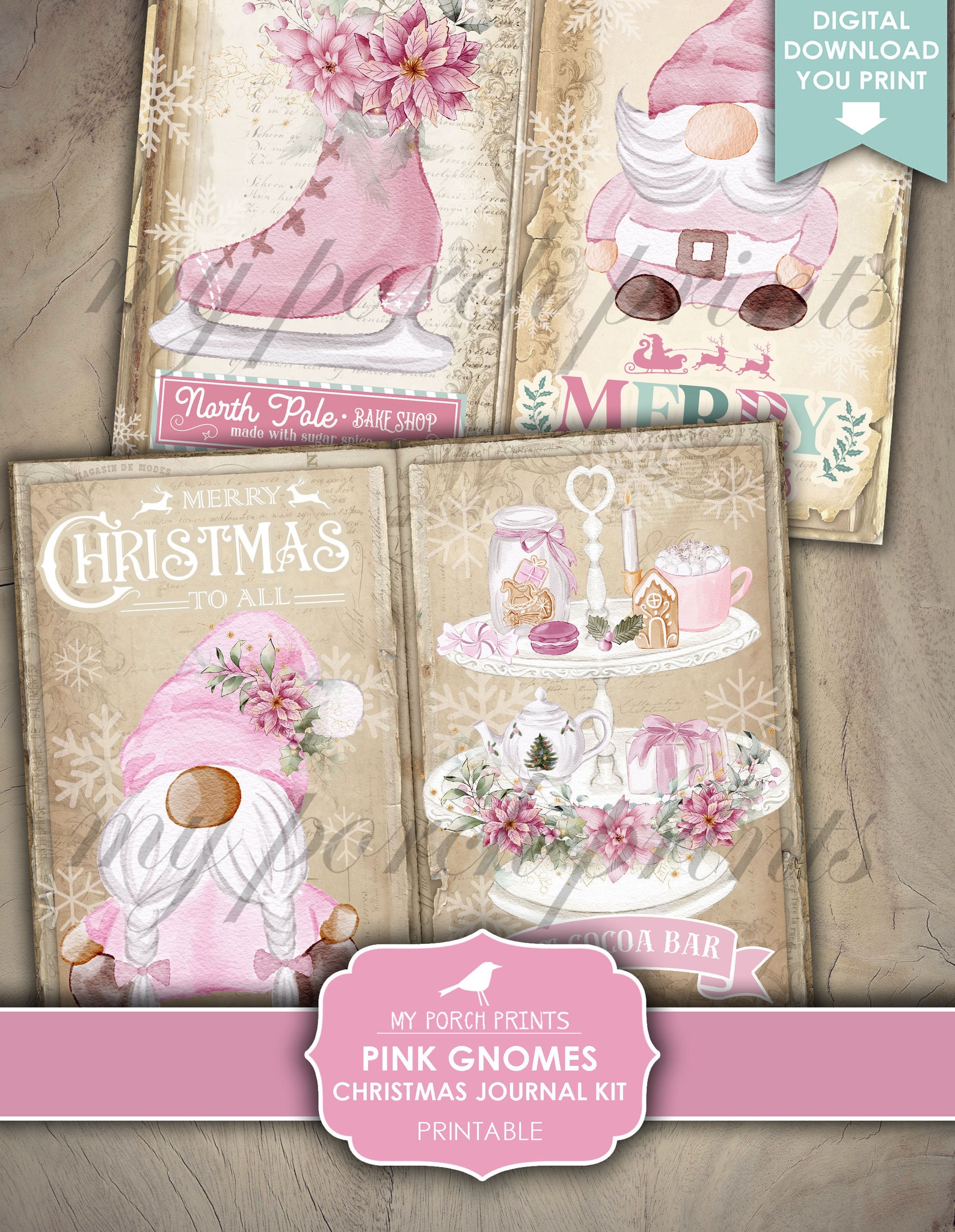 Pink Gnomes Christmas Junk Journal Kit, December, Sugar Cookie, Gift ...
