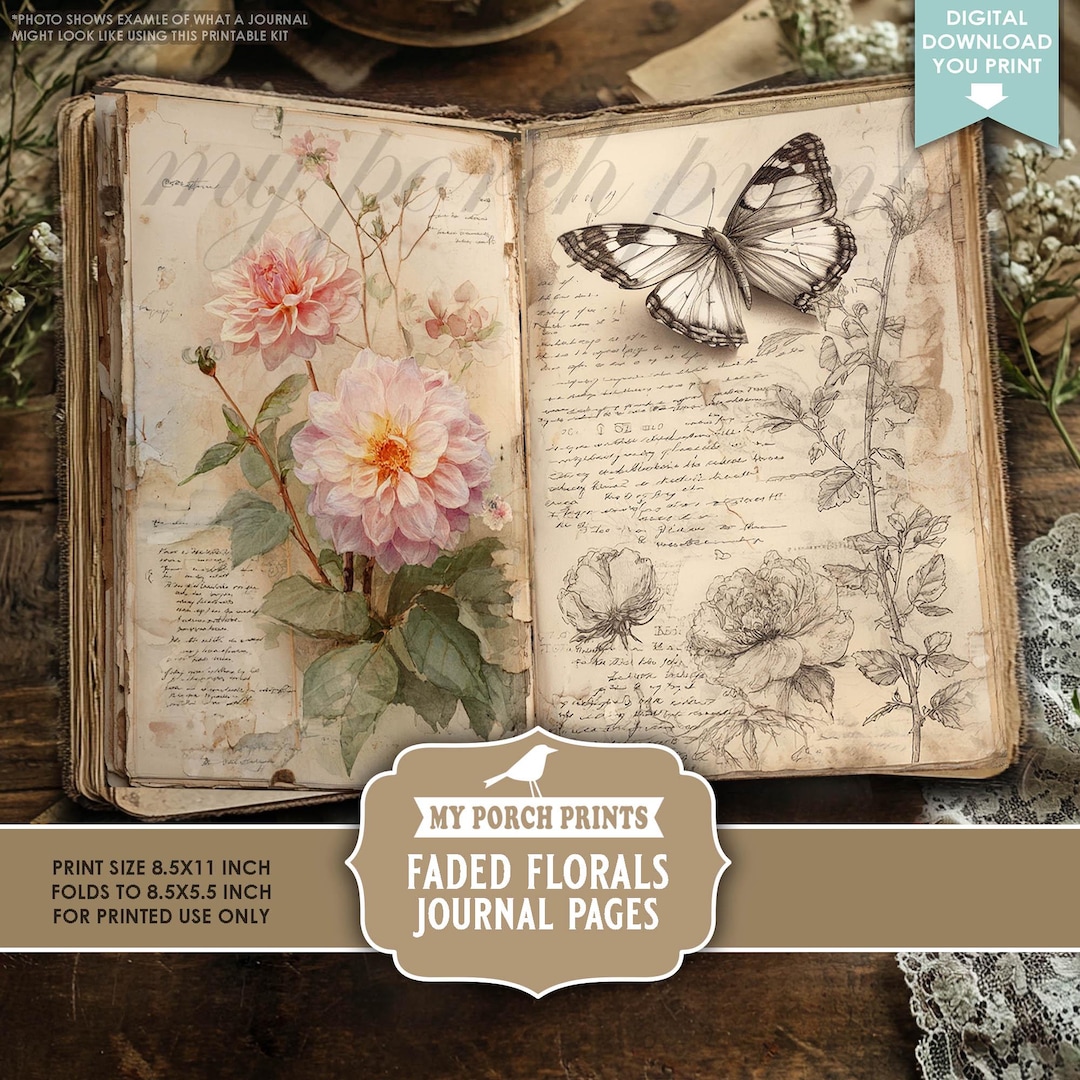Faded Florals Junk Journal PAGES, Vintage, Flowers, Botanical, Edith ...