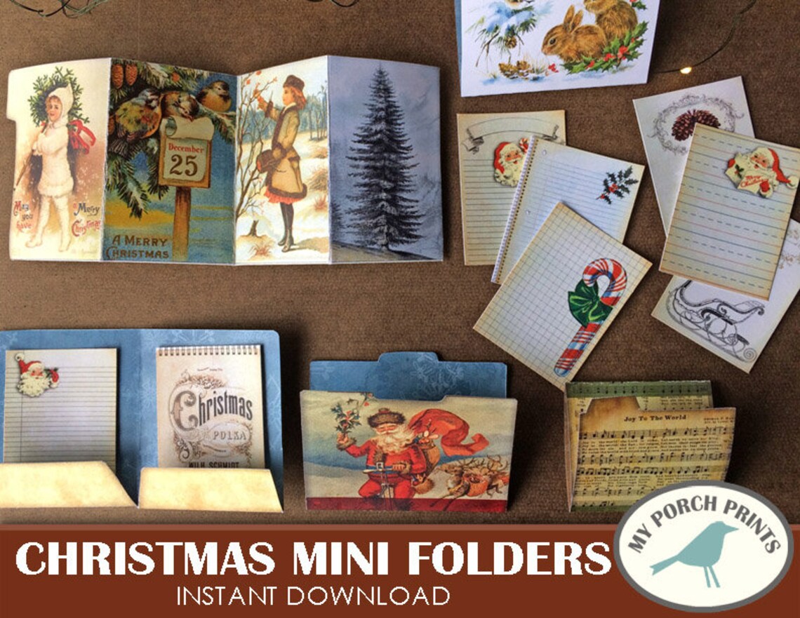 Christmas Mini File Folders, Scrapbook Kit, Junk Journal Kit, Notecards ...