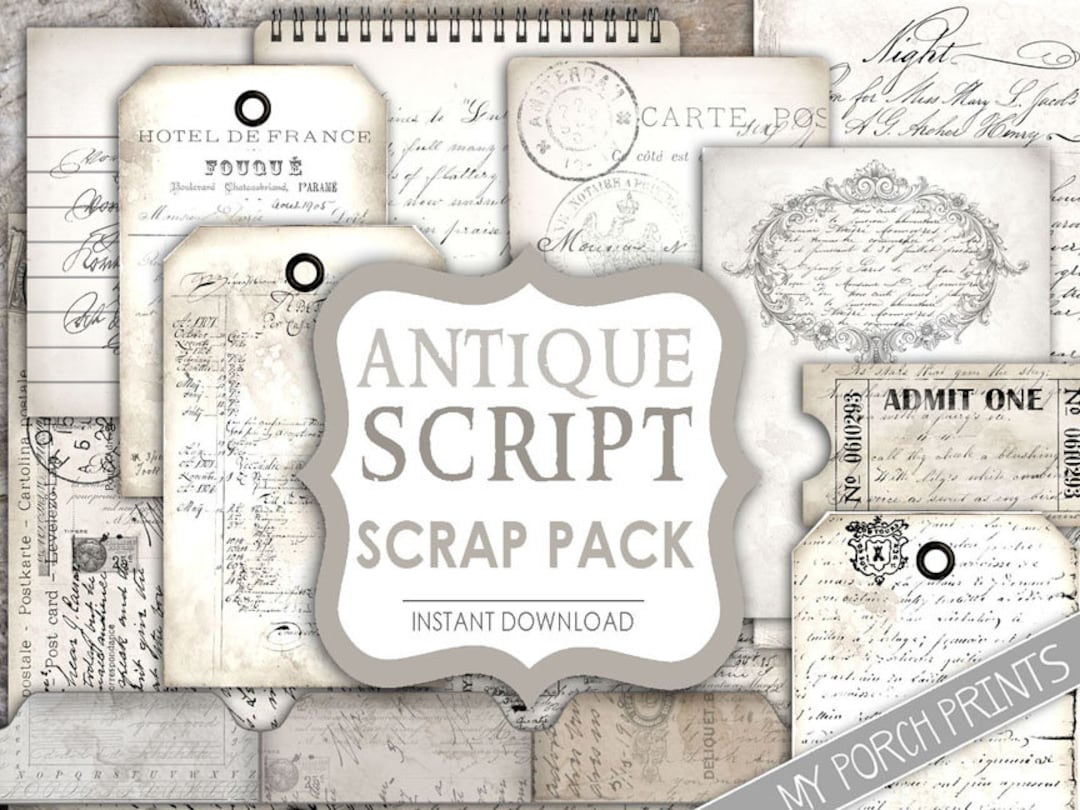 Antique Script, Scrap Pack, Junk Journal Kit, Handwriting, Black ...
