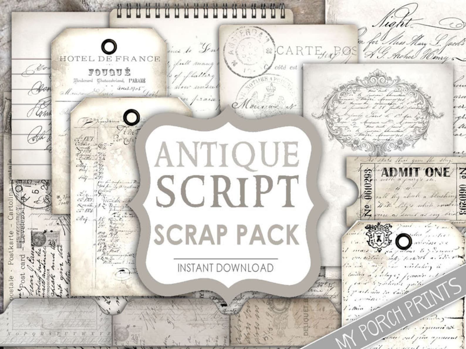 Antique Script, Scrap Pack, Junk Journal Kit, Handwriting, Black ...