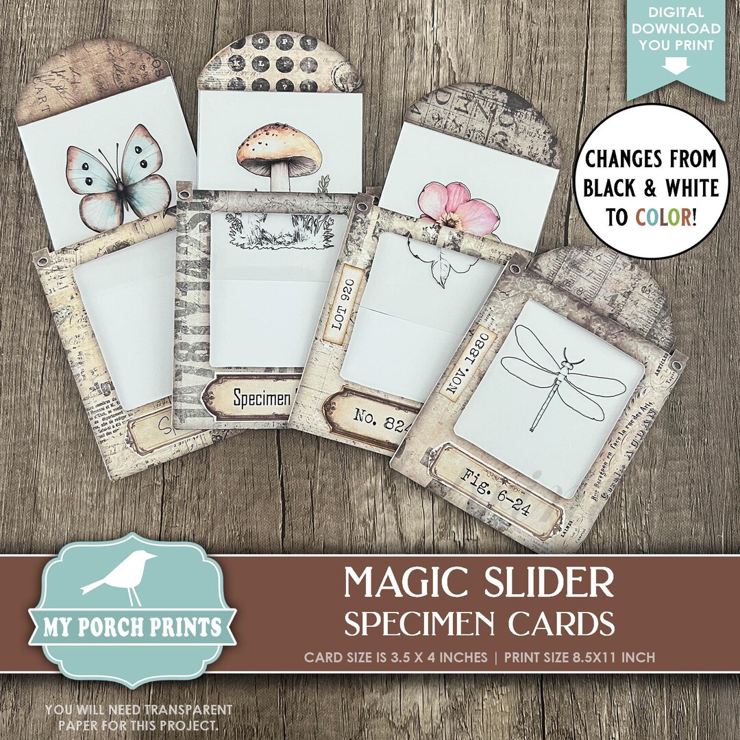 Magic Slider Specimen Cards, Junk Journal, Black and White Color ...