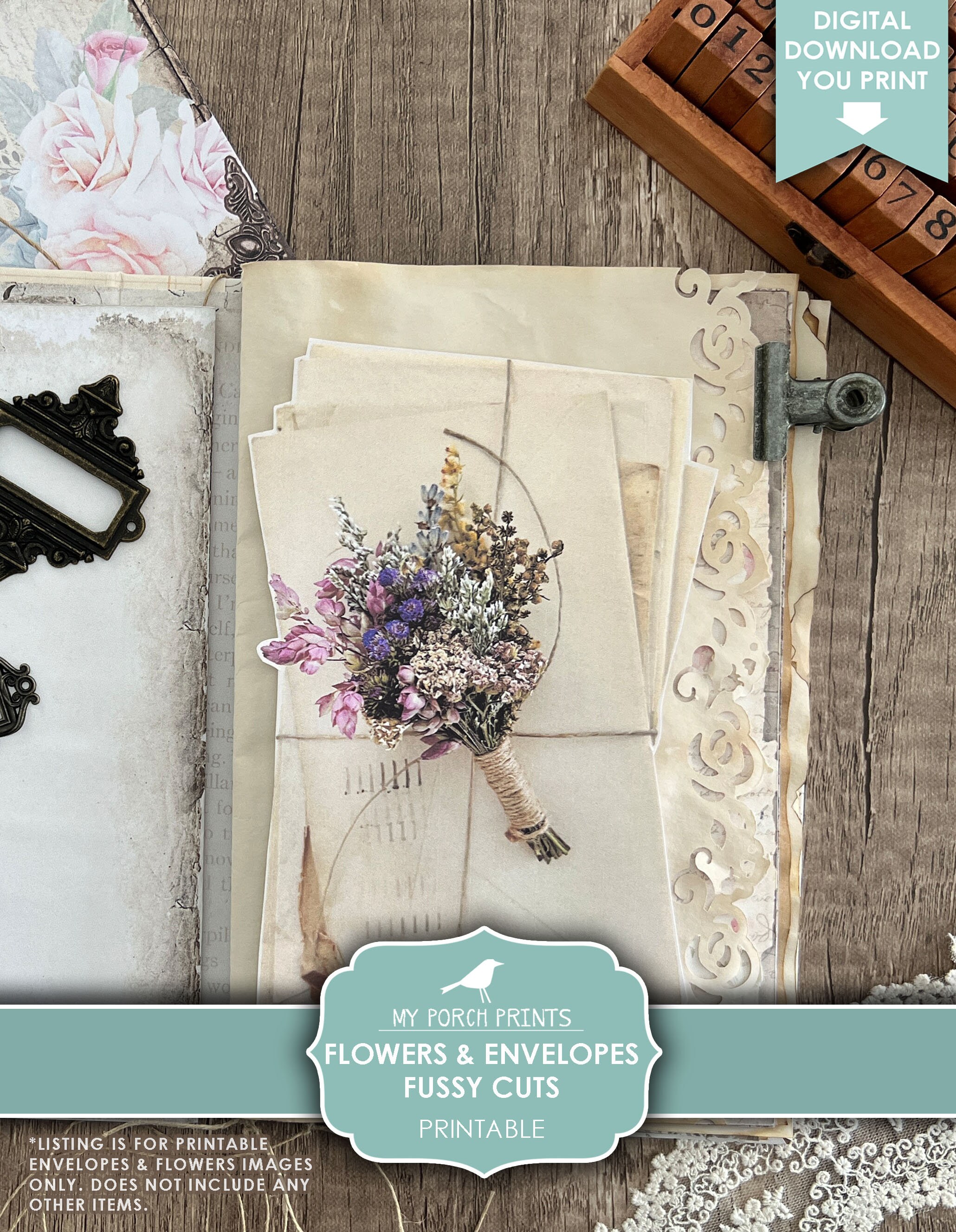 Junk Journal, Flowers and Envelopes, Fussy Cuts, Dried, Letters ...