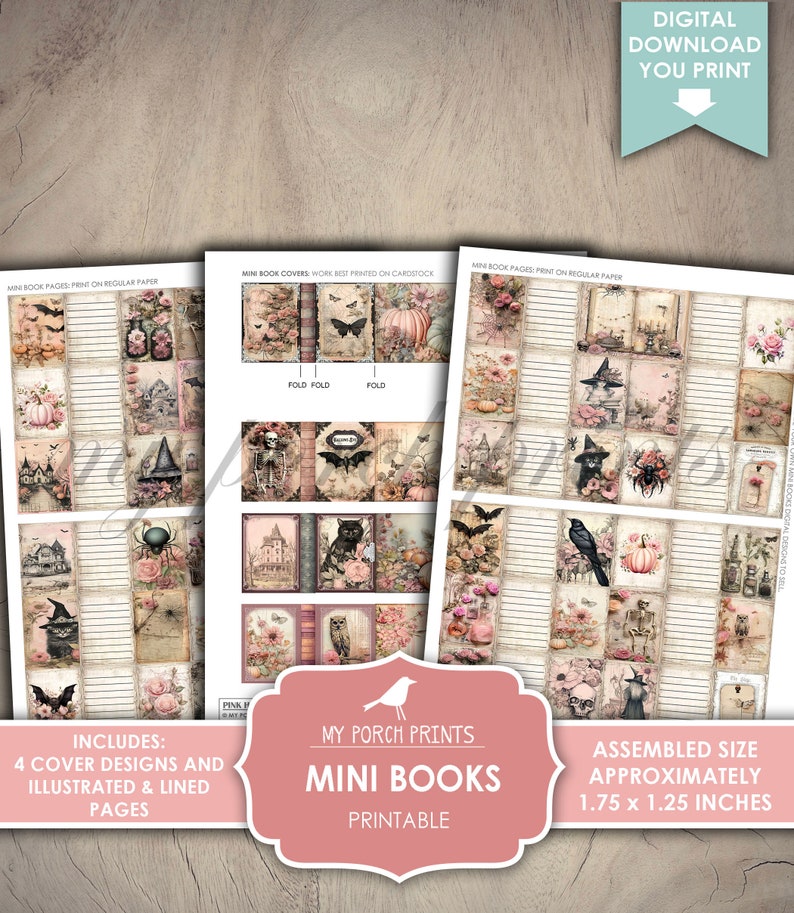 Pink Halloween Mini Books, Junk Journal, Witch, Magic, Miniature ...