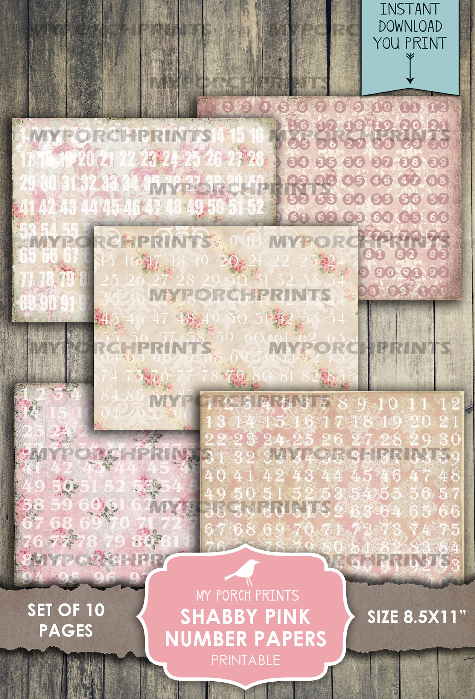 Junk Journal, Number, Papers, Shabby, Pink, Collage Sheets, Printable ...