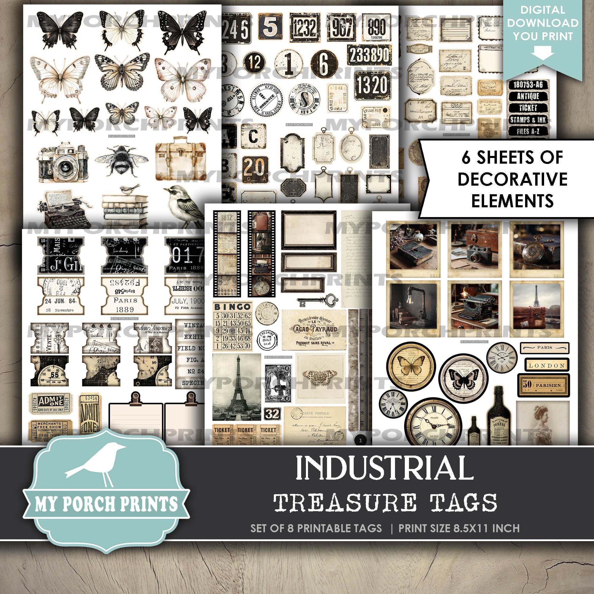Industrial Treasure Tags Kit Junk Journal Fussy Cuts Black White Tag ...