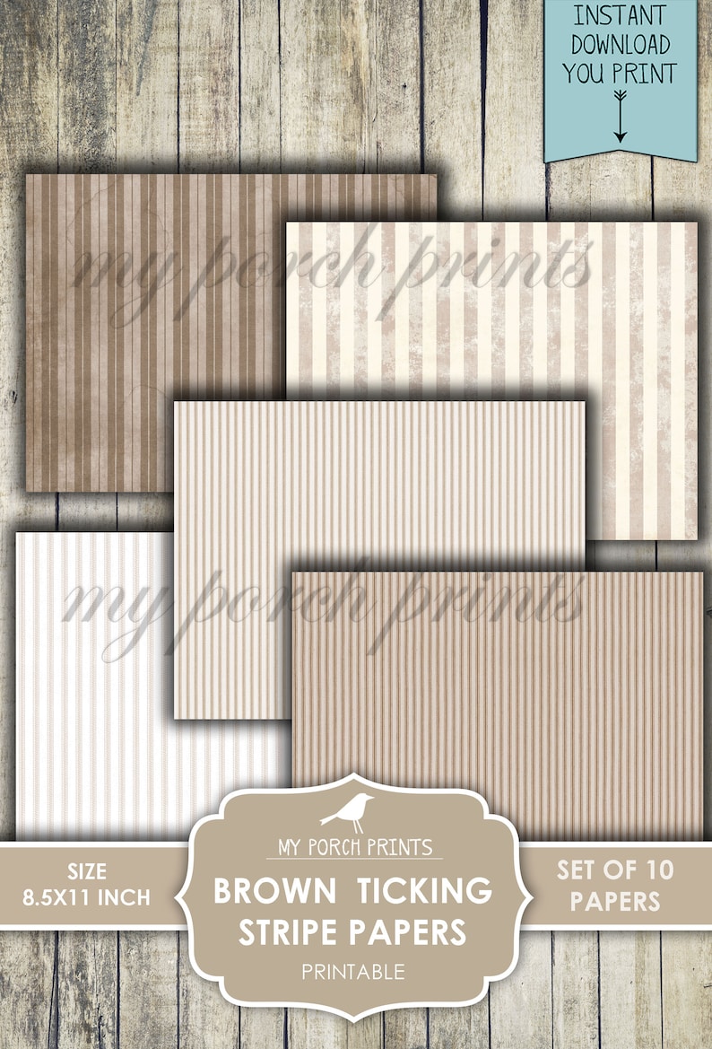 Junk Journal, Ticking Stripe, Papers, Brown, Neutral, Printable, Coffee ...