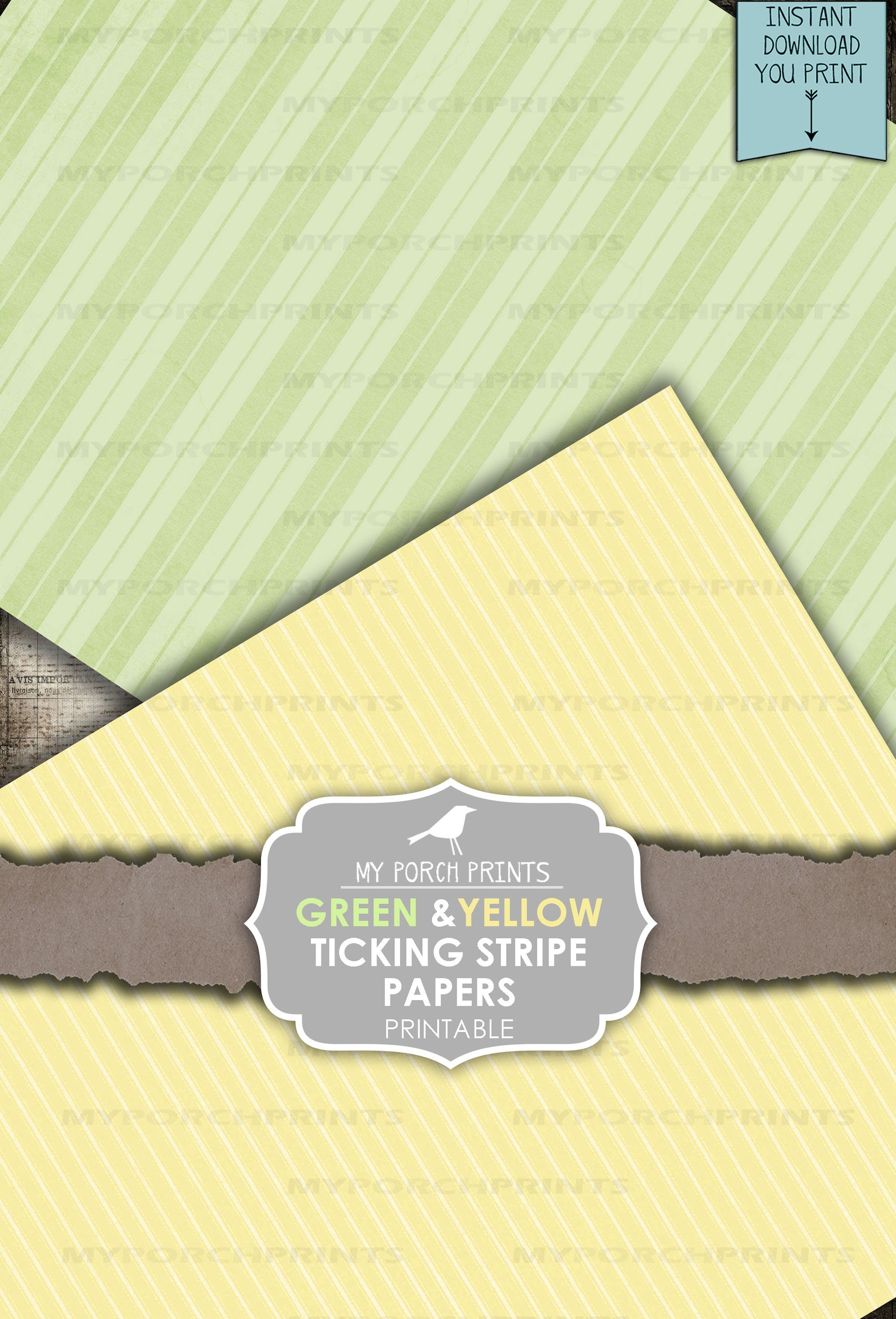 Papers, Ticking Stripe, Green, Yellow, Junk Journal, Printable ...