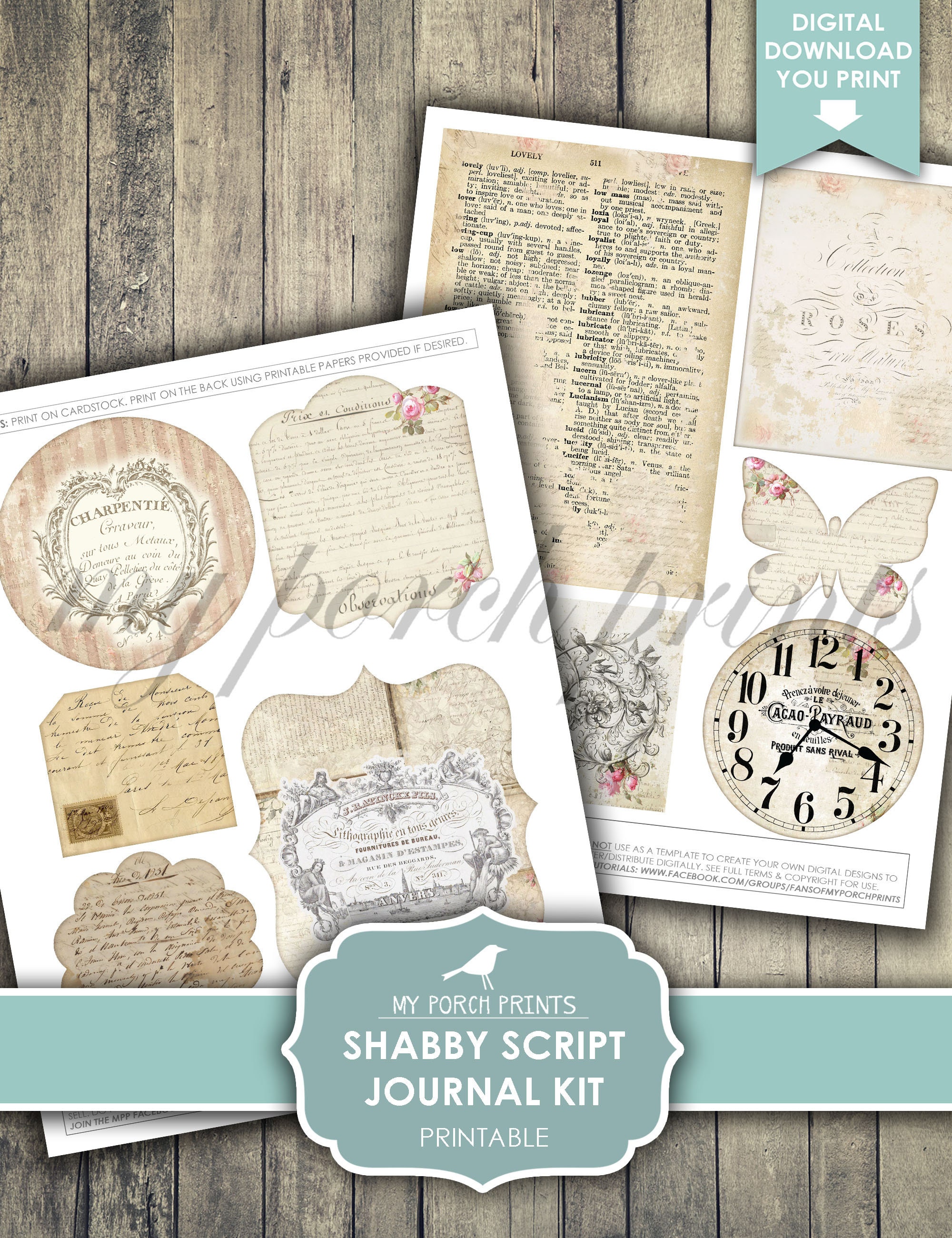 Junk Journal Kit Shabby Script Boho Vintage Floral - Etsy