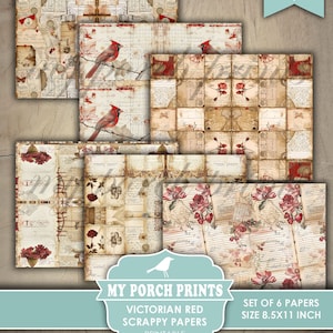 Victorian Red Scrappy Papers, Junk Journal, Pages, Floral, Vintage ...