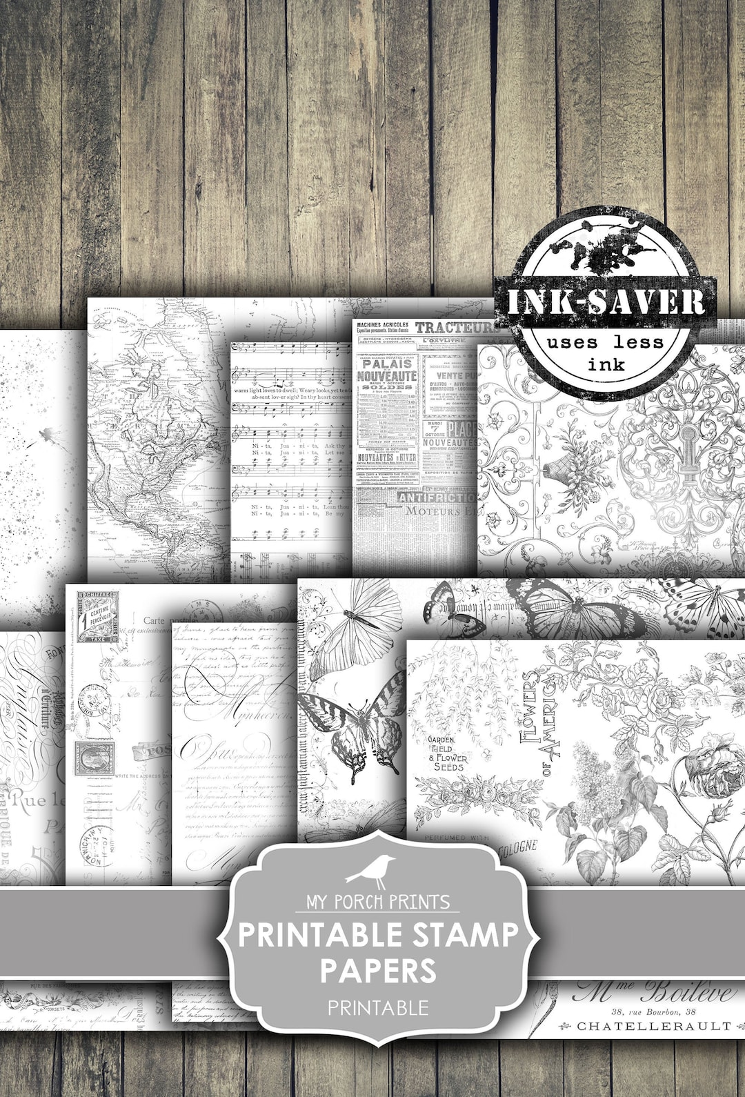 Printable Stamp Papers, Junk Journal, Vintage, Black and White, Ink ...