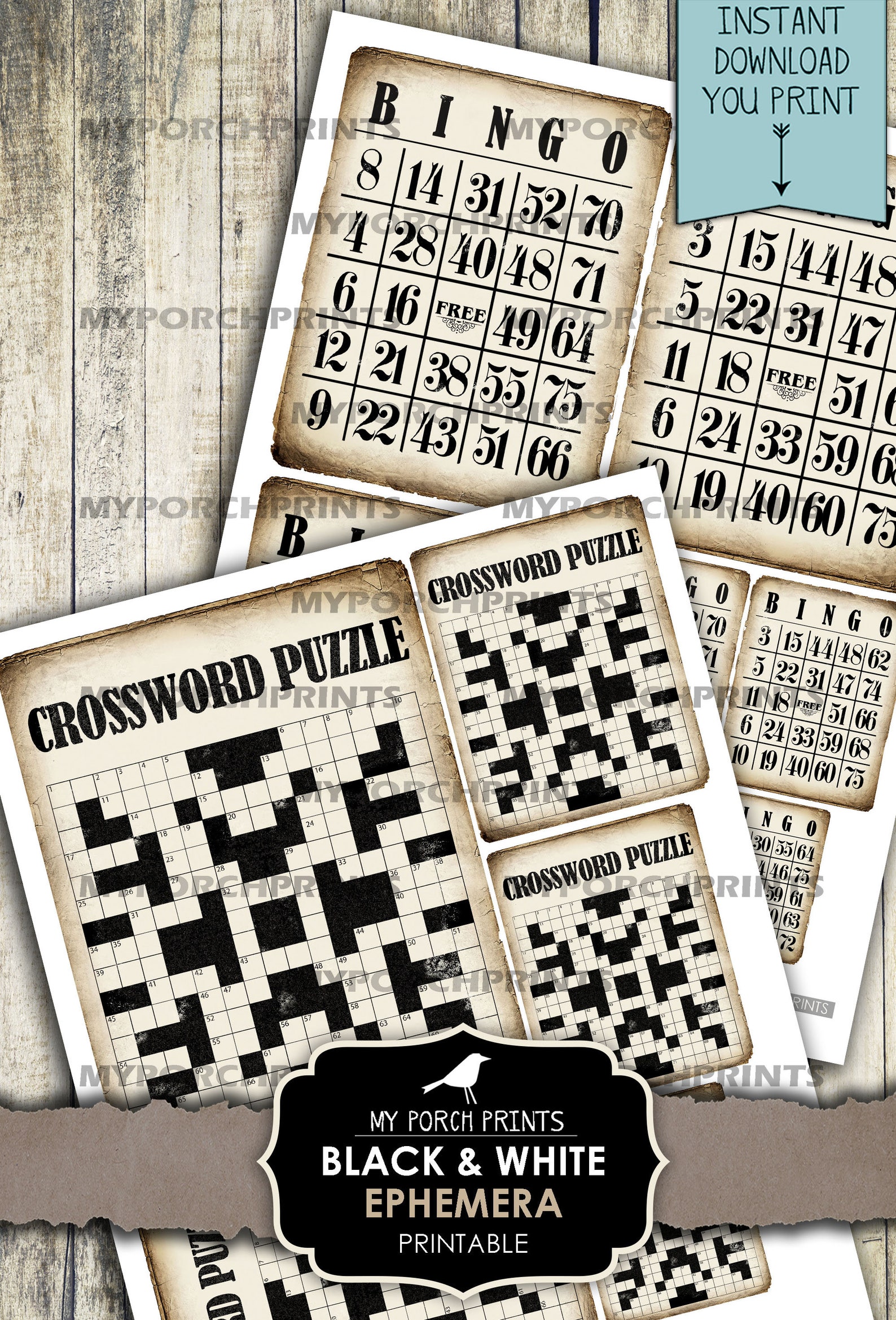 Junk Journal, Ephemera, Black, White, Crossword, Puzzle, Bingo, Neutral ...