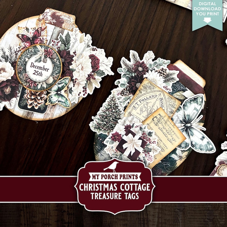 Christmas Cottage Treasure Tags Kit, Junk Journal Fussy Cuts Winter ...