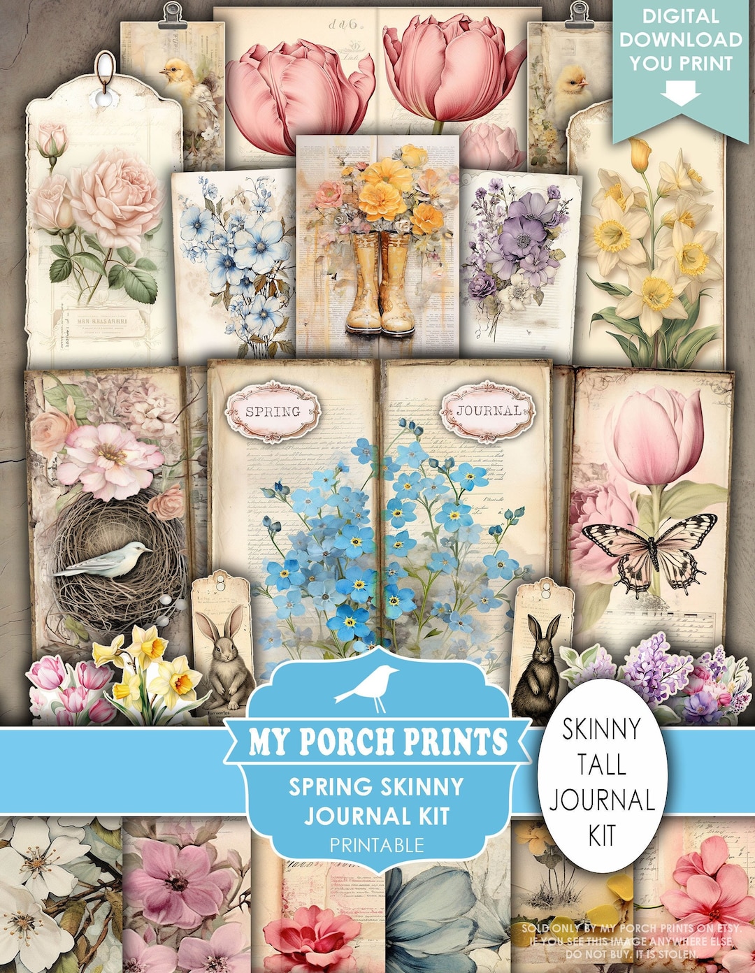 Spring Skinny Junk Journal Kit, Tall, Vintage, Pastel, Floral, Easter ...