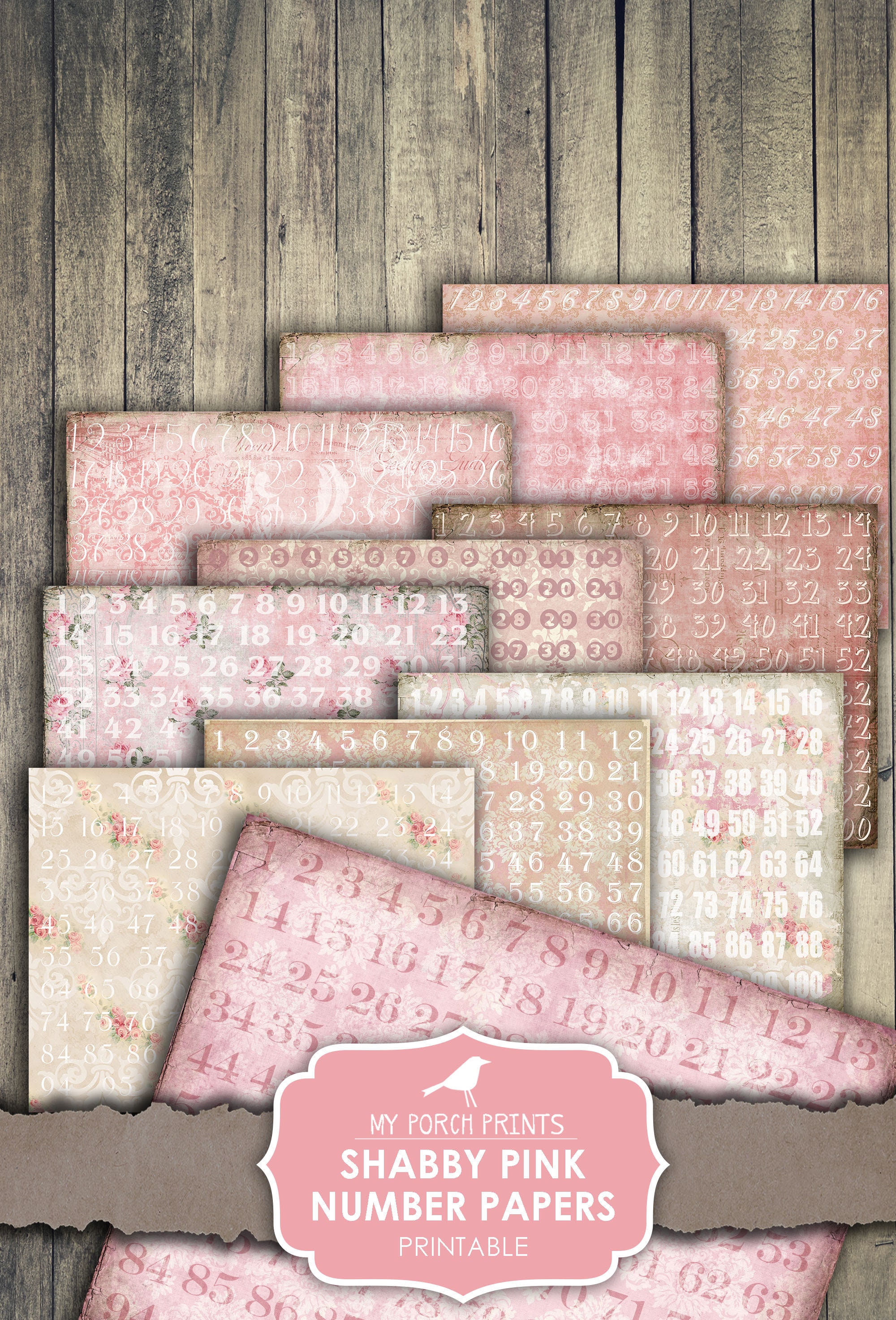 Junk Journal, Number, Papers, Shabby, Pink, Collage Sheets, Printable ...