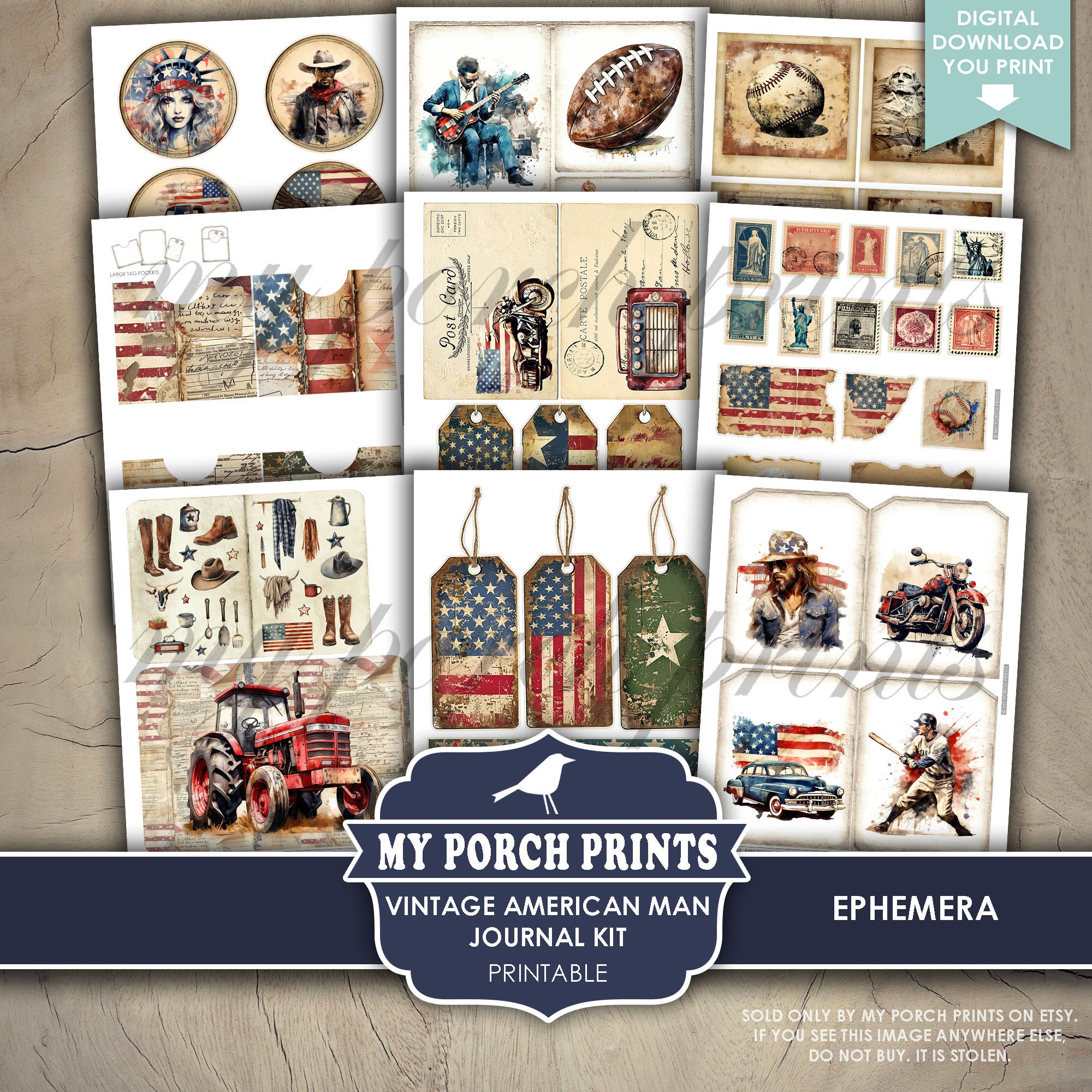 Vintage American Man Junk Journal Kit, Patriotic Grunge Men Father's ...
