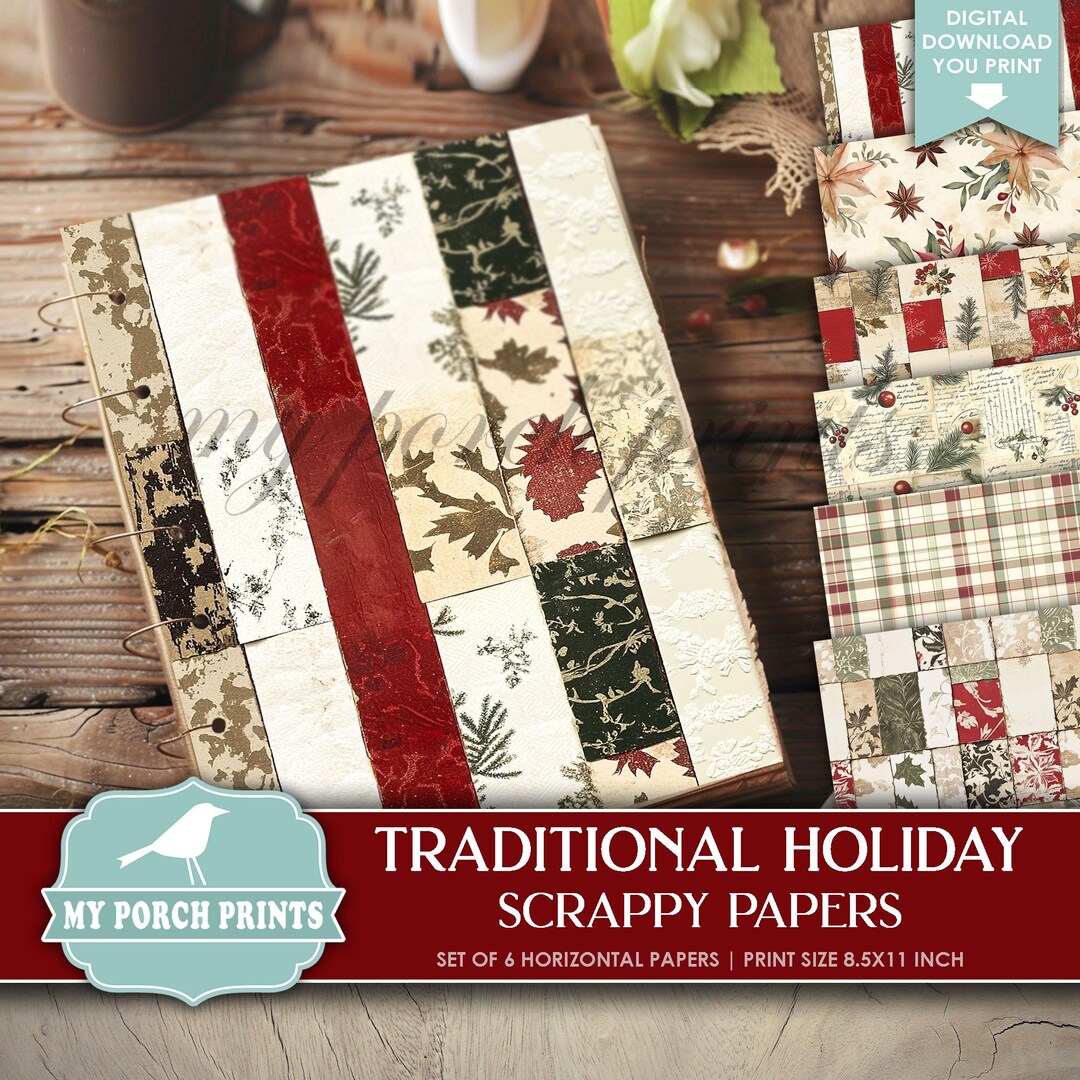 Traditional Holiday Scrappy Papers, Junk Journal, Pages, Christmas, Red ...