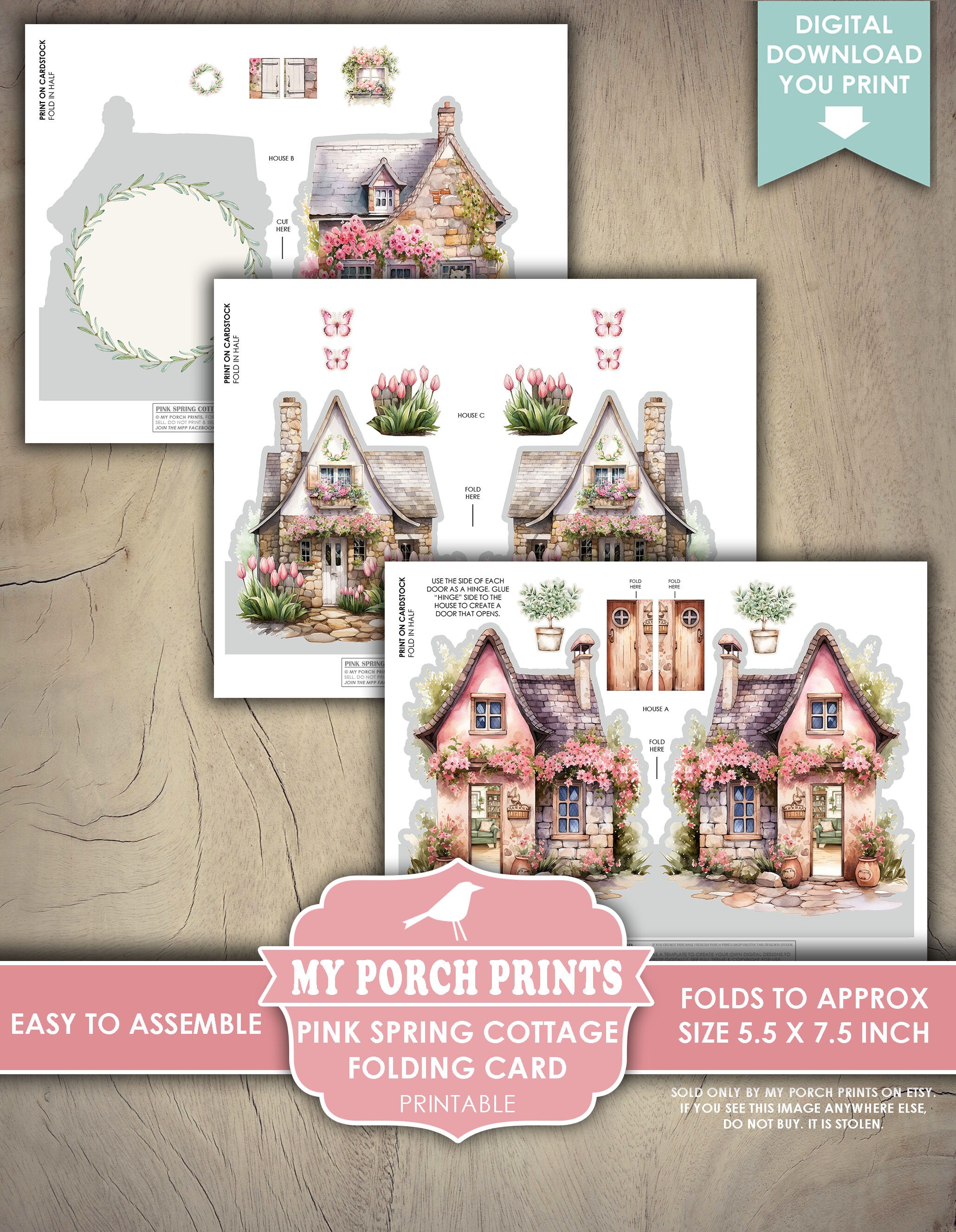 Pink Spring Cottage Folding Card, Junk Journal, Insert, Kit, 3D, Craft ...