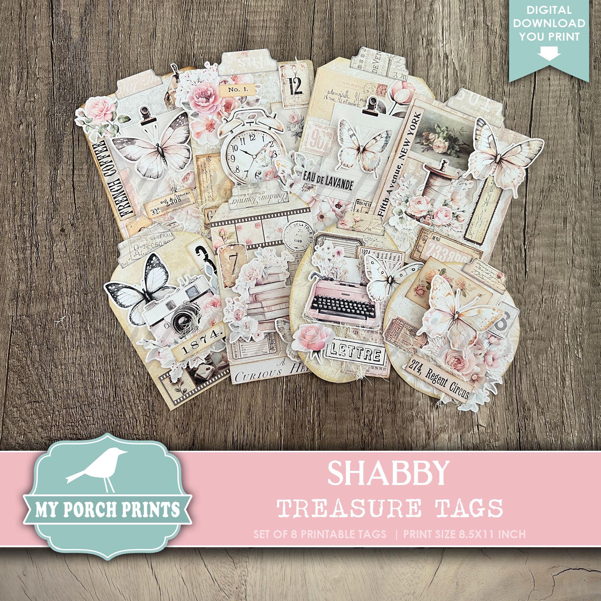 Shabby Treasure Tags Kit, Junk Journal, Ephemera, Fussy Cuts, Pink, Tag ...